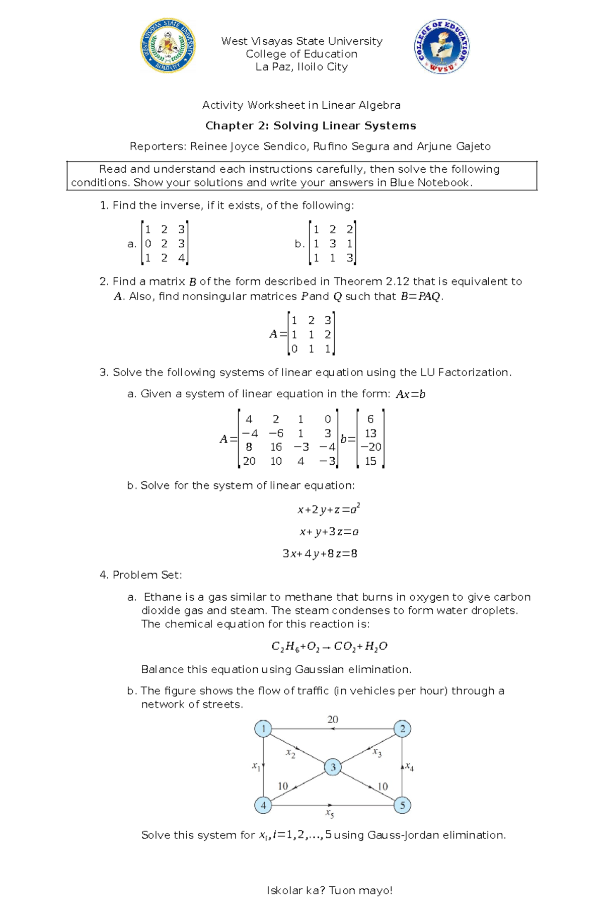 Activity Worksheet in Linear Algebra - West Visayas State University ...
