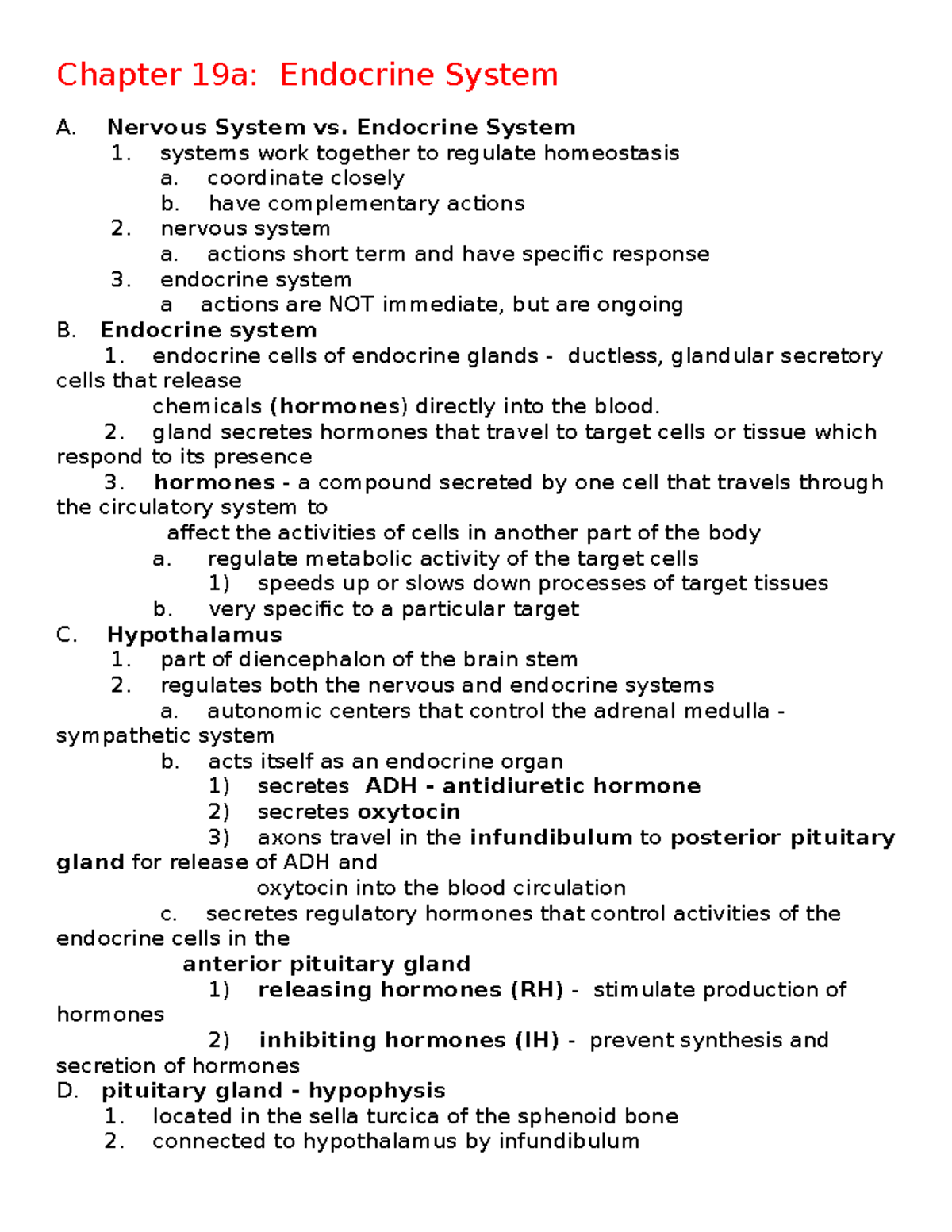 Ch. 19 outline - Lecture notes Ch. 19 - Chapter 19a: Endocrine System A ...
