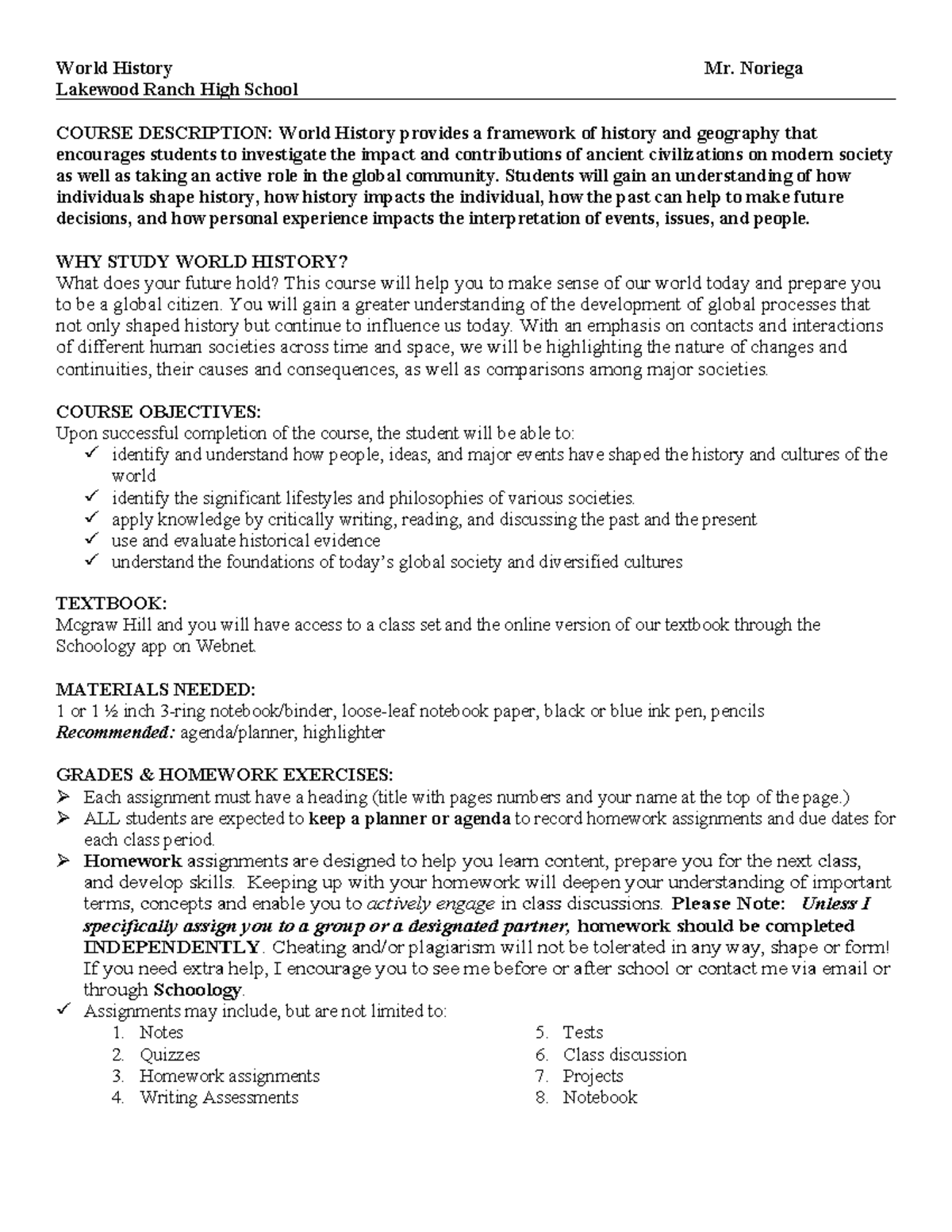 World History Syllabus - World History Mr. Noriega Lakewood Ranch High ...