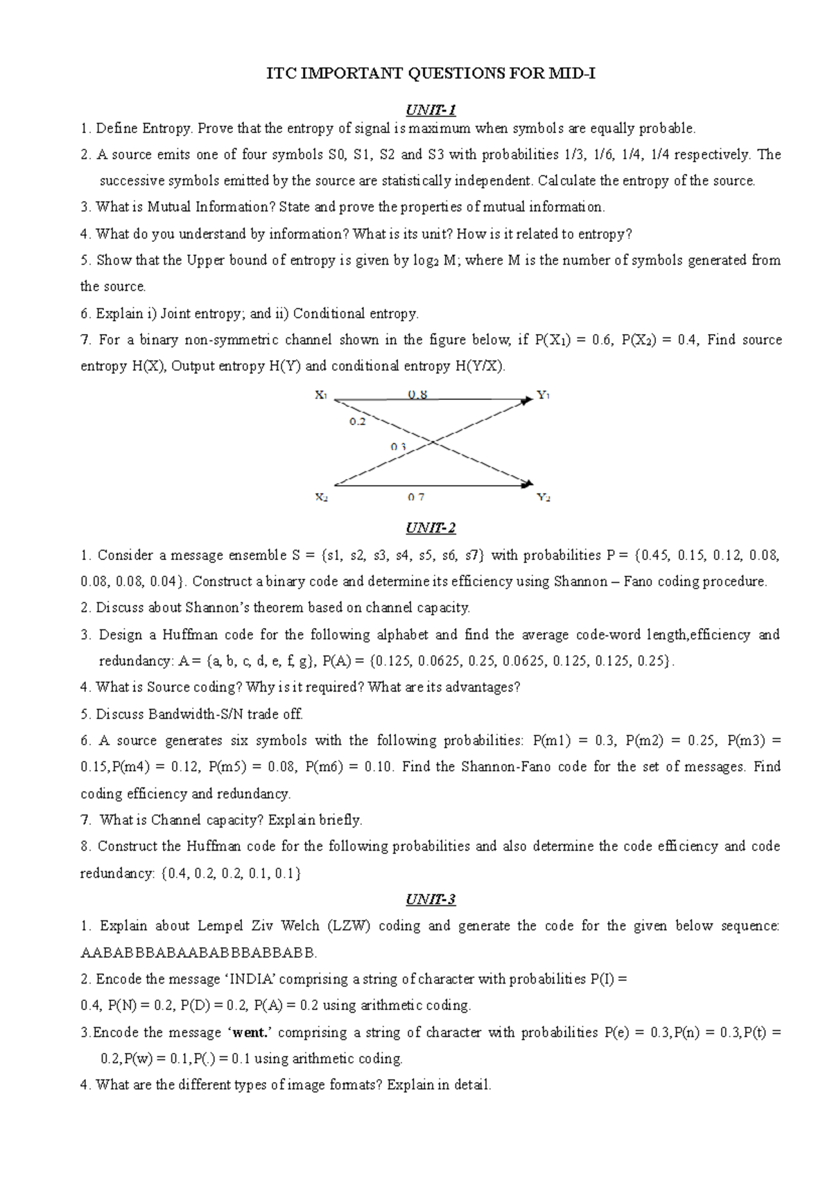 ITC Important Questions FOR MID1 - ITC IMPORTANT QUESTIONS FOR MID-I ...