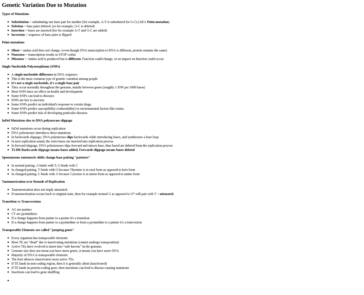Bio 1001 Cycle 4 - Lecture 9 Notes - Genetic Variation Due to Mutation ...