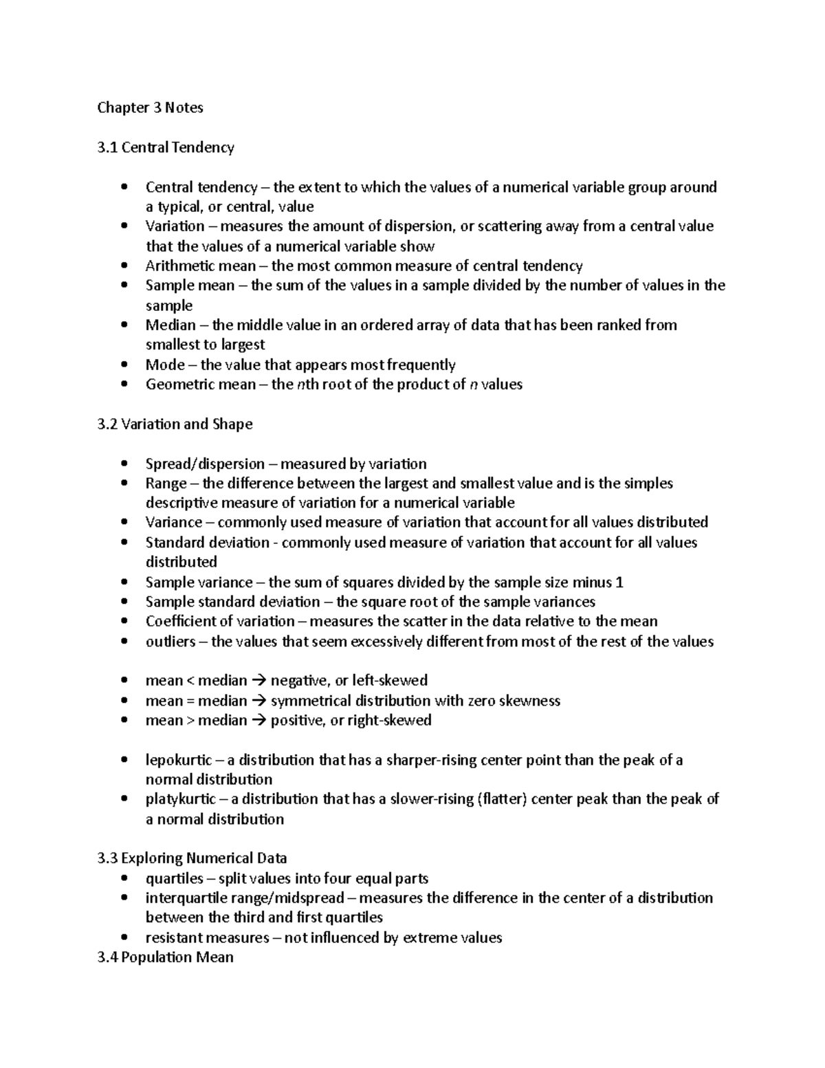 Chapter 3 Notes - Chapter 3 Notes 3 Central Tendency Central tendency ...