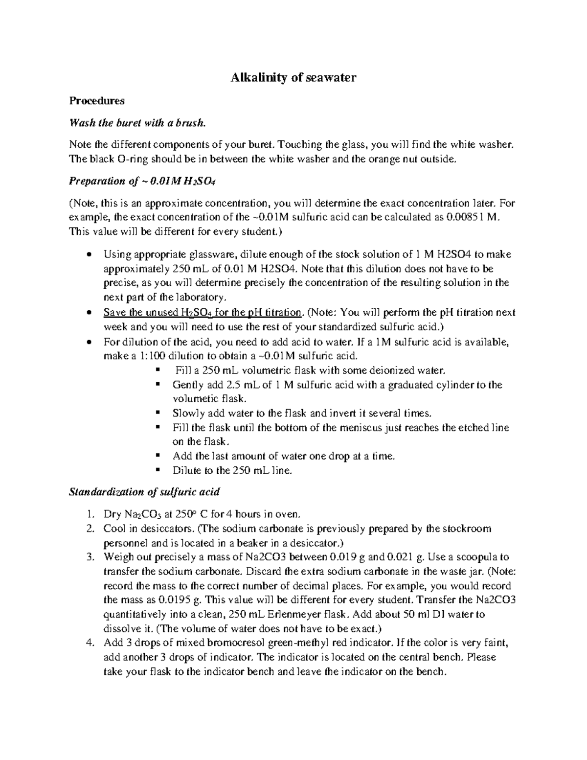 Experiment 2 Alkalinity of seawater - Alkalinity of seawater Procedures ...