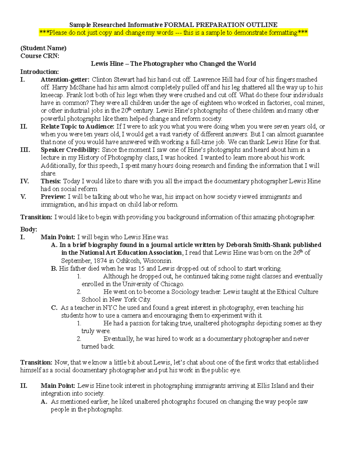 Informative Speech Preparation Outline Sample - Sample Researched ...