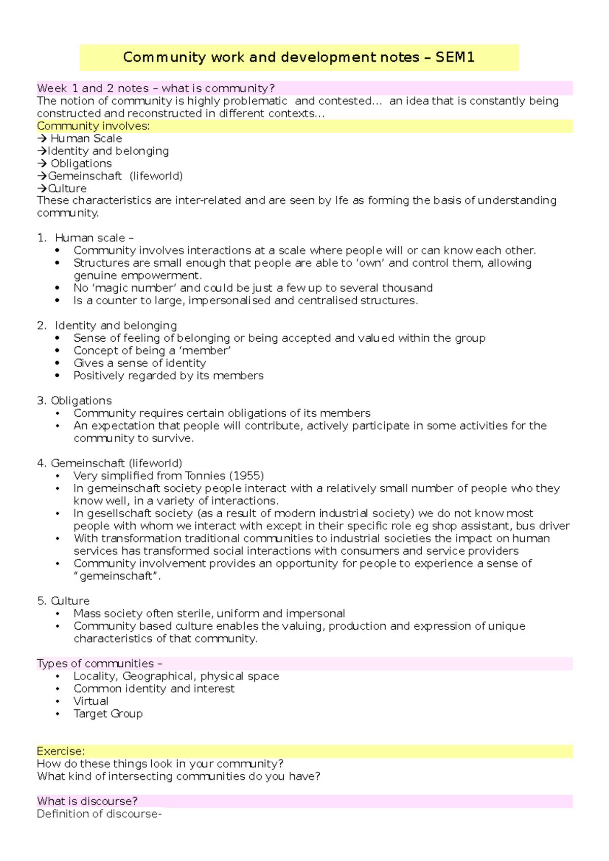 CWD notes 1 - Week 1 and 2 notes – what is community? The notion of ...