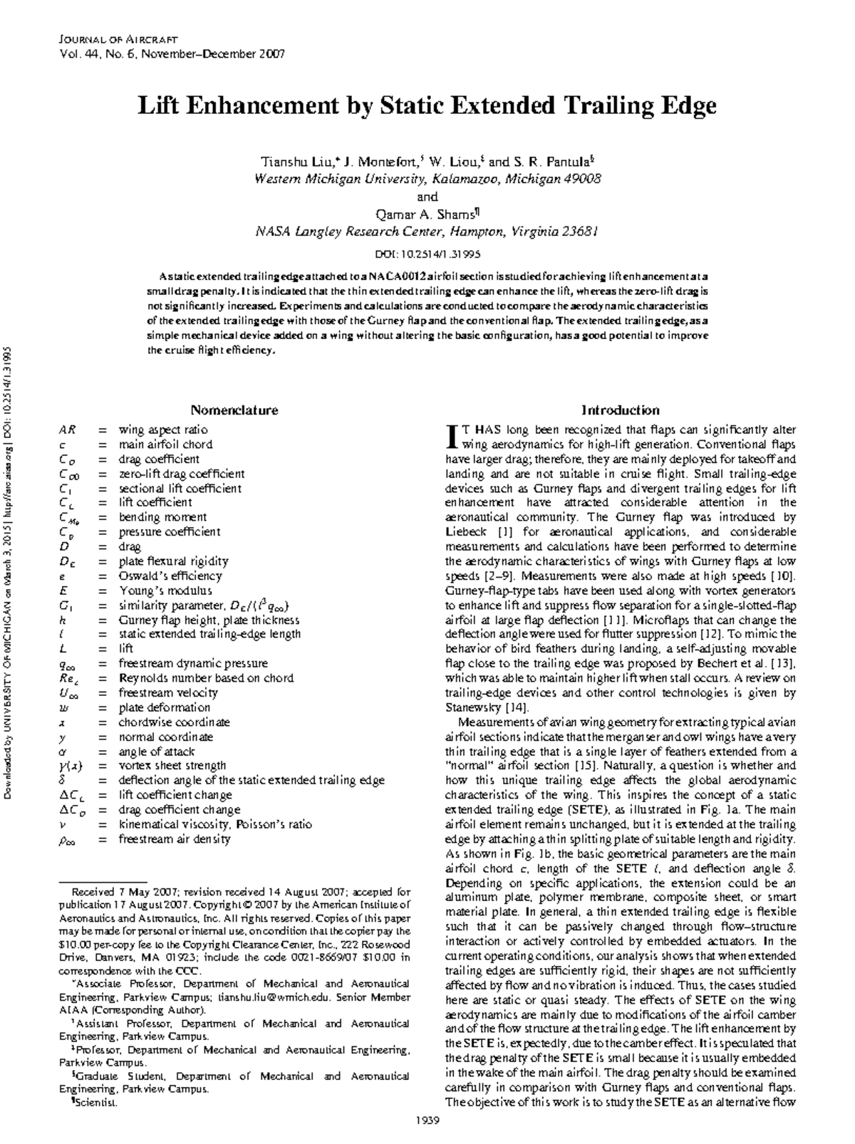 Liu2007 Lift Enhancement by Static Extended Trailing Edge - Lift ...