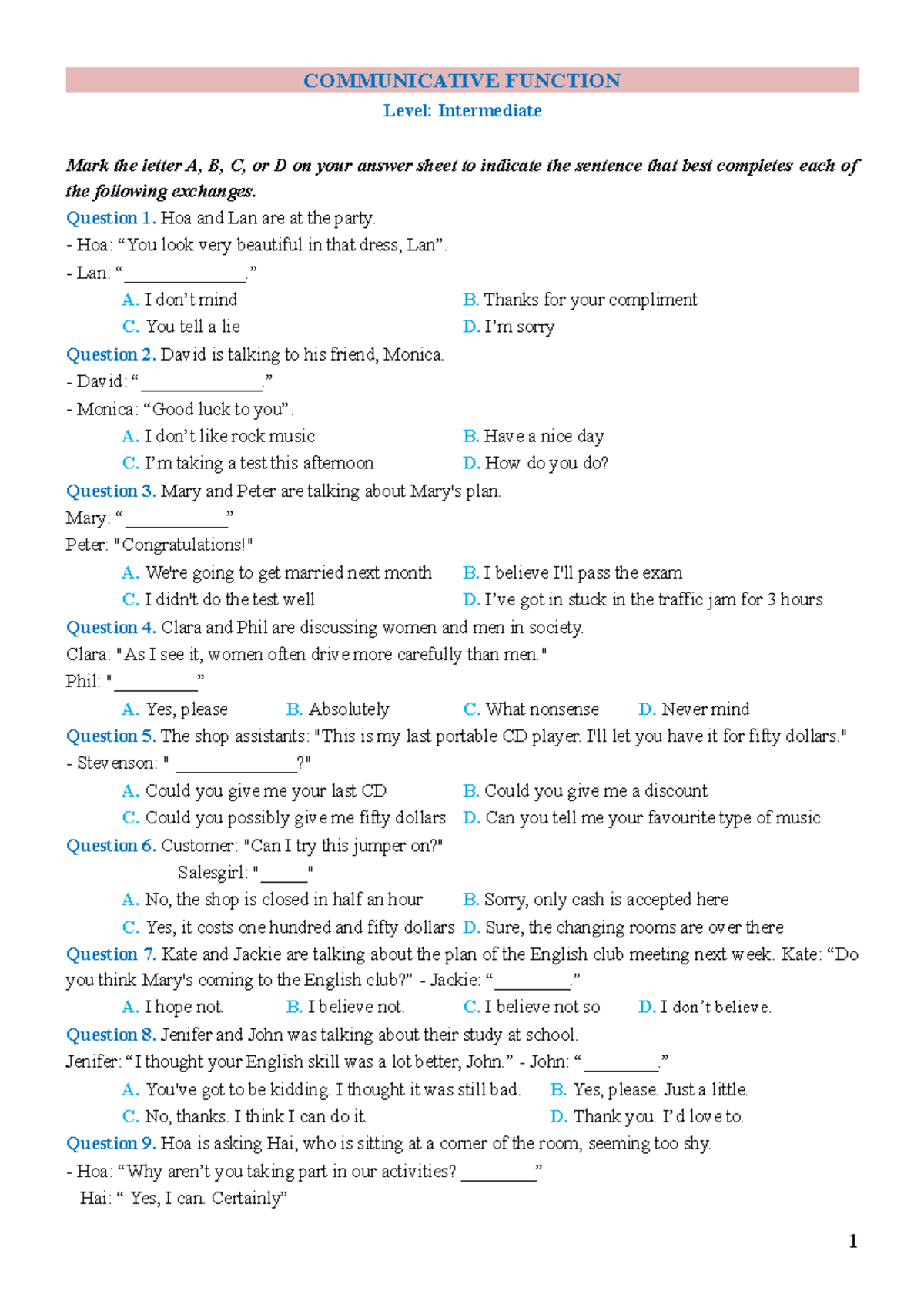 Communicative-Function-1 - COMMUNICATIVE FUNCTION Level: Intermediate ...