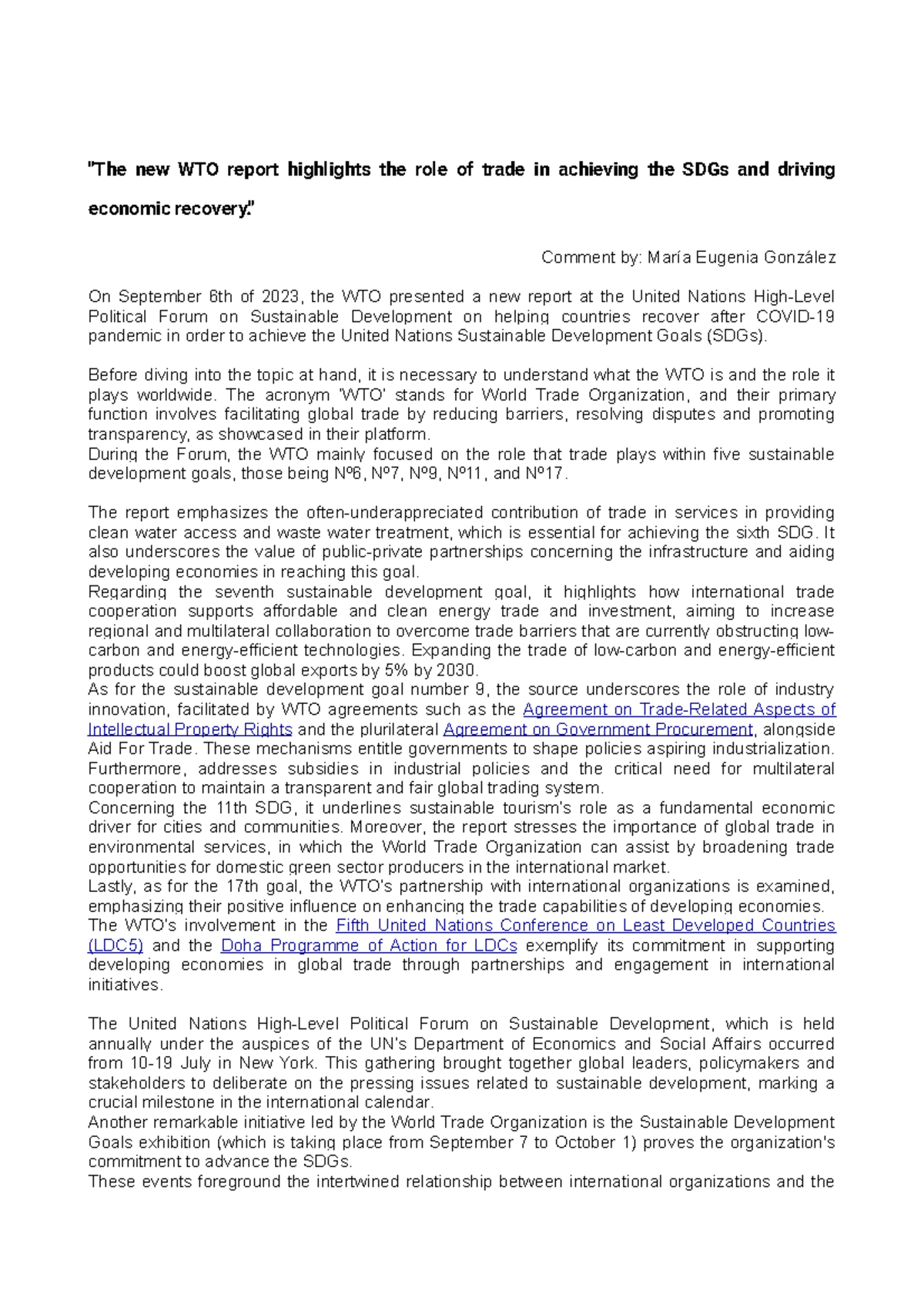 Blog de opinion 1 - "The new WTO report highlights the role of trade in ...