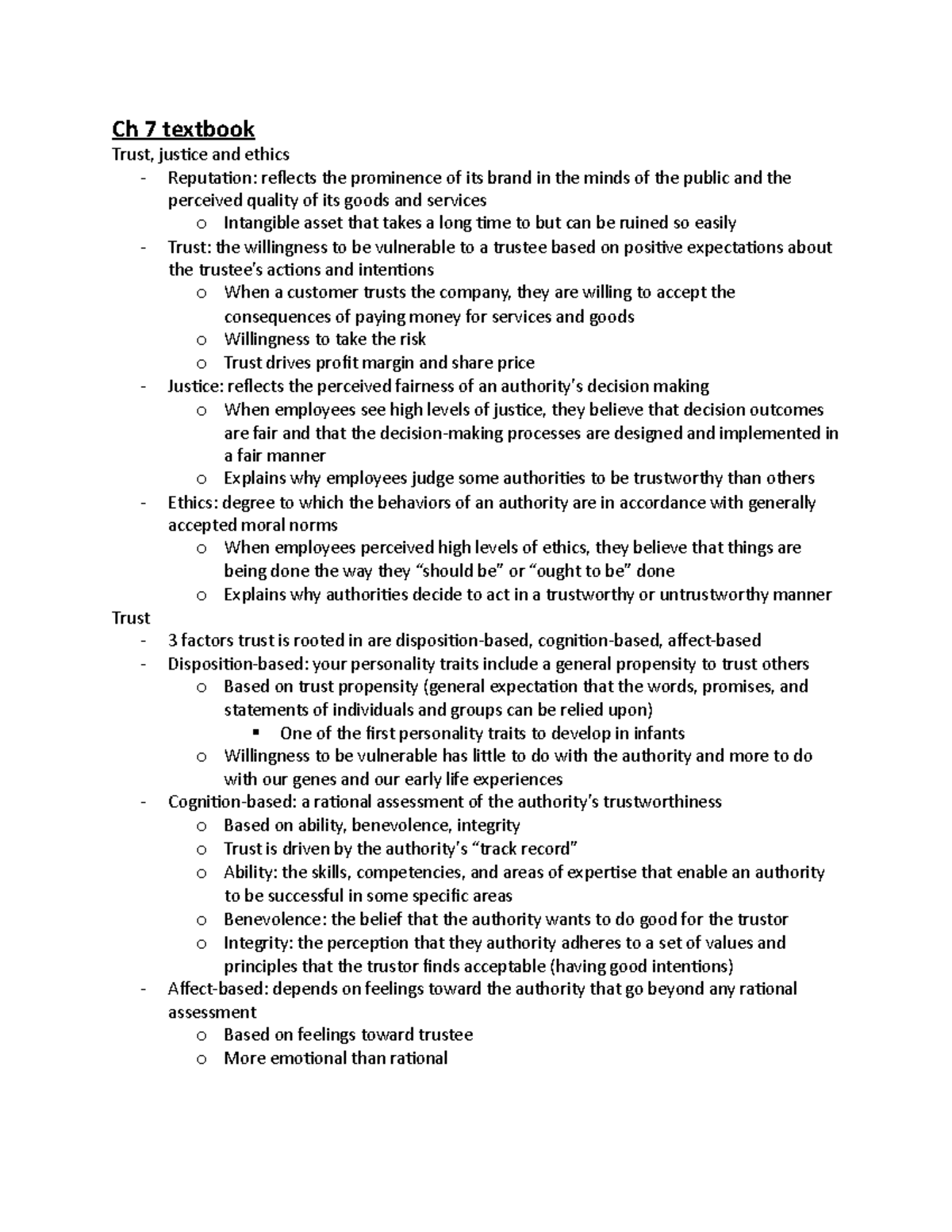 chapter 7 textbook notes - Ch 7 textbook Trust, justice and ethics ...