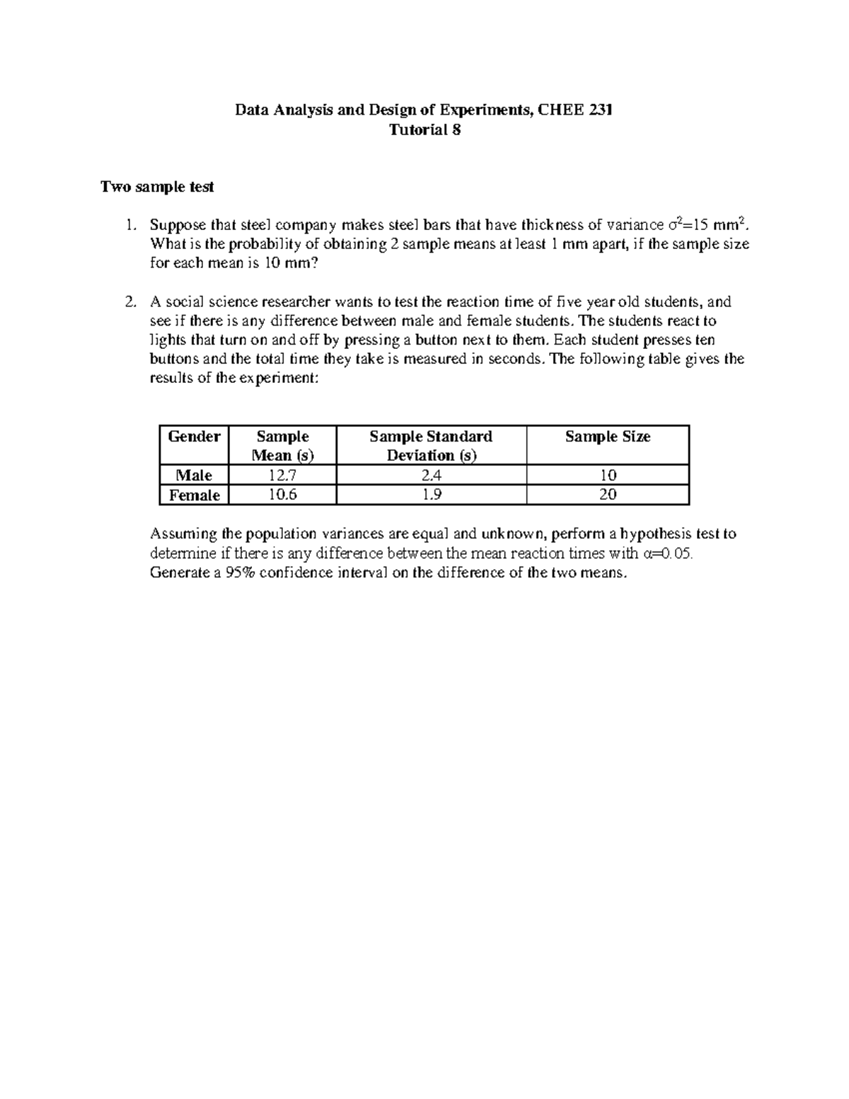 CHEE 231 Tutorial 8 for practice for test 2 - Data Analysis and Design ...