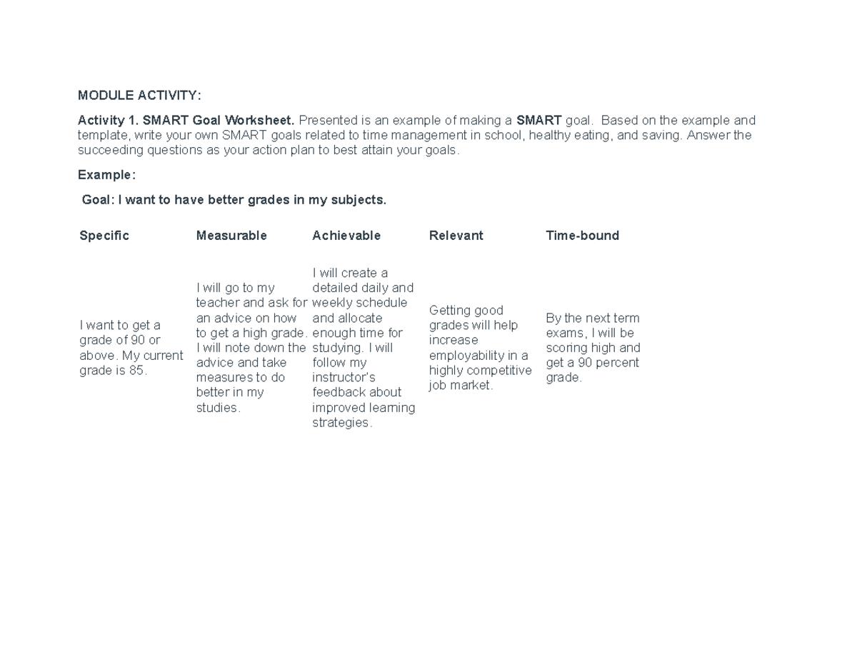 Assessment#3 Personal Goal Setting - MODULE ACTIVITY: Activity 1. SMART ...