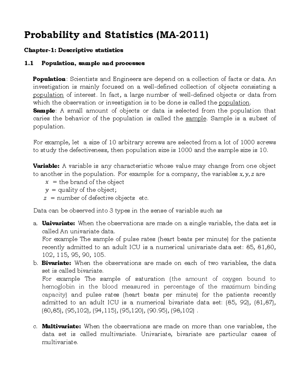 Ps-chp1 - Ps chp 1 - Probability and Statistics (MA-2011) Chapter-1: Descriptive statistics 1 ...