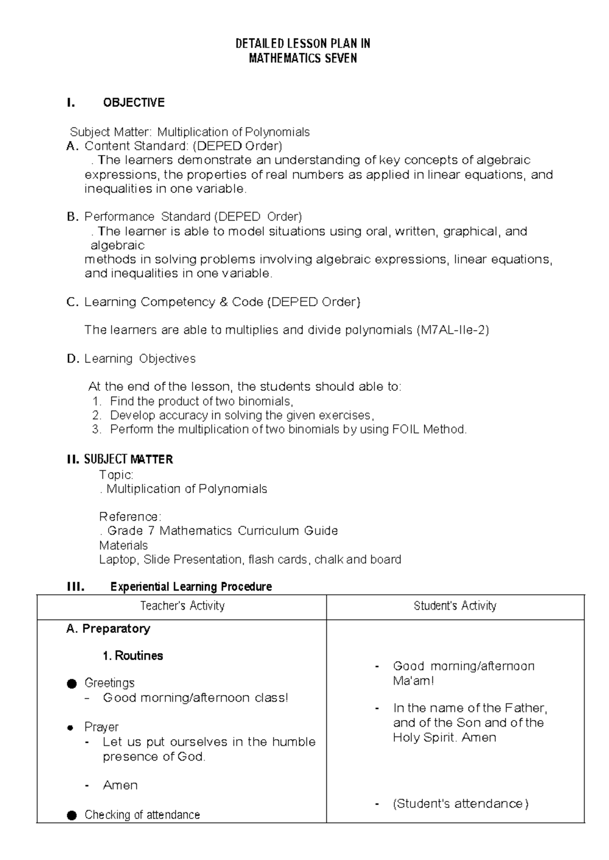 Detailed Lesson PLAN IN Mathematics Seven - DETAILED LESSON PLAN IN ...