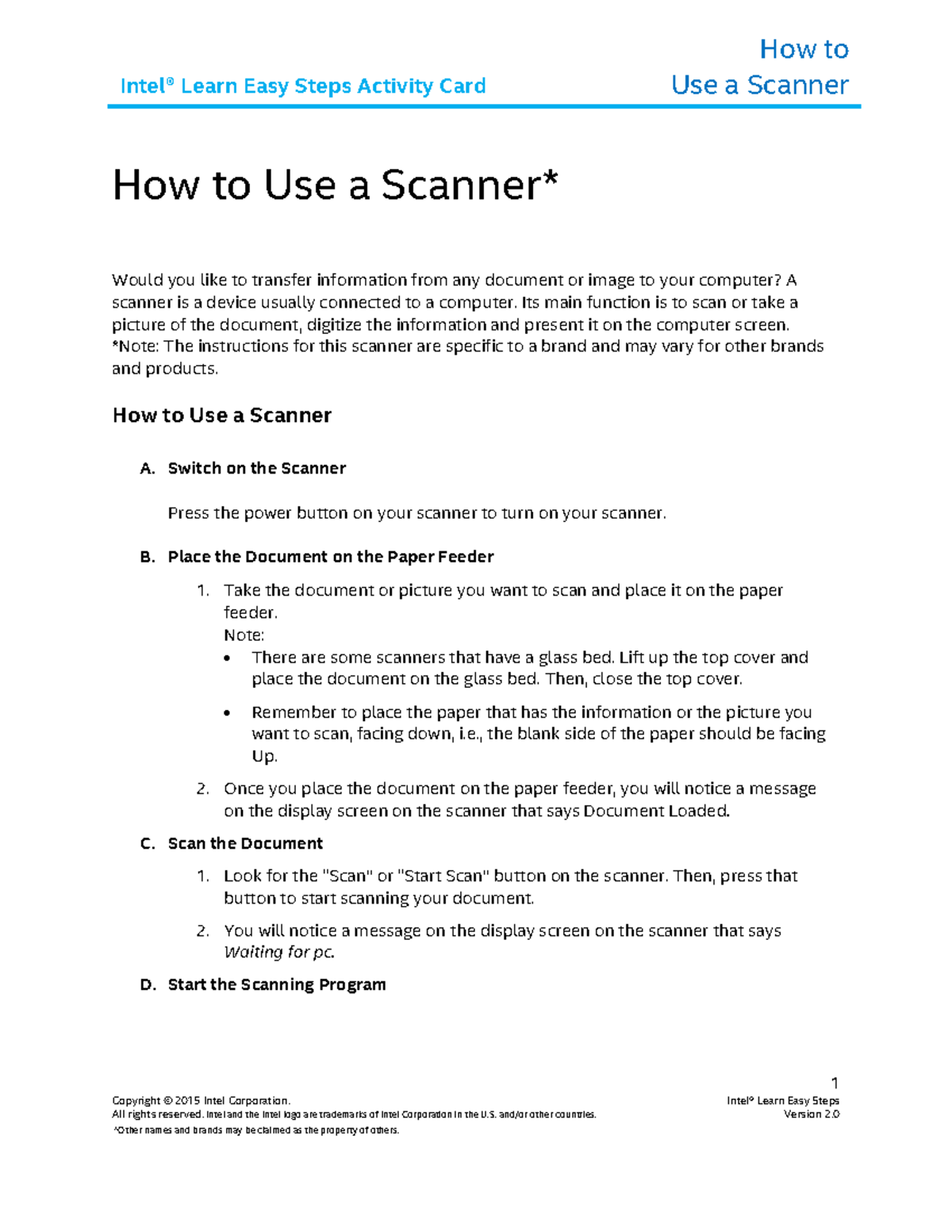 Easy steps use scanner - 1 Copyright © 2015 Intel Corporation. Intel ...