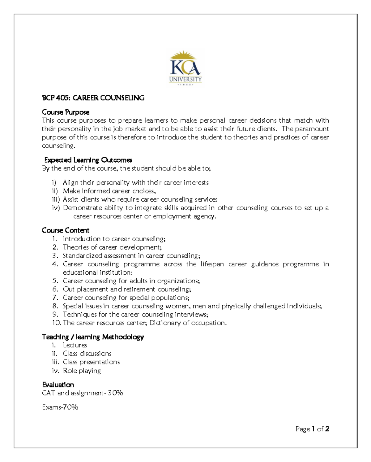 BCP 405 Career Counseling - Page 1 of 2 BCP 405: CAREER COUNSELING ...