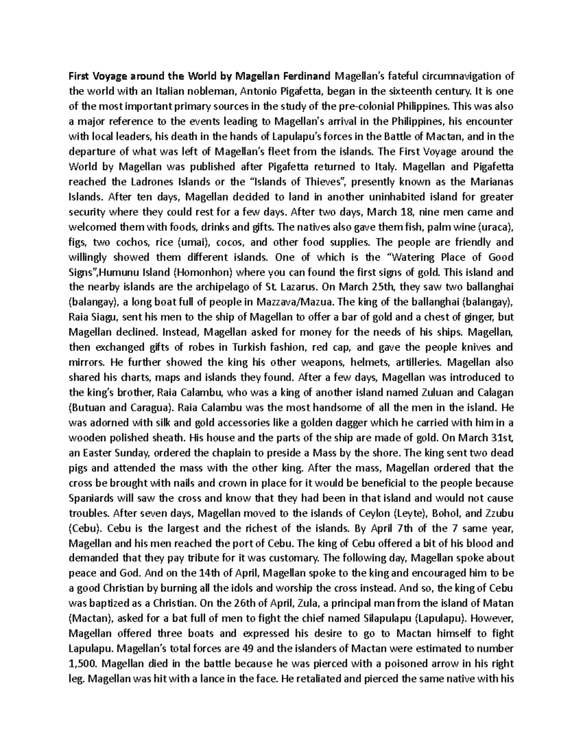 Topic 2 Summary of readings - First Voyage around the World by Magellan ...