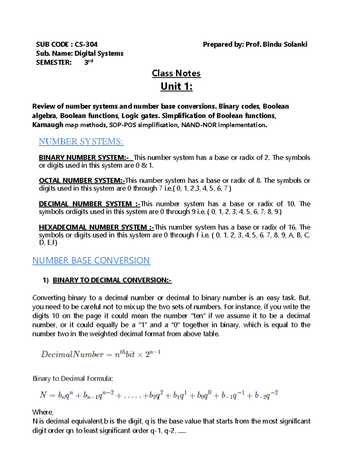 UNIT-1 Digital system - SUB CODE : CS-304 Prepared by: Prof. Bindu ...