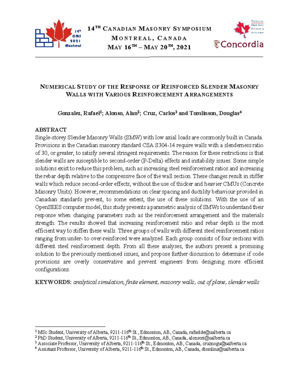 Numerical Study of the response of reinforced slender masonry walls ...