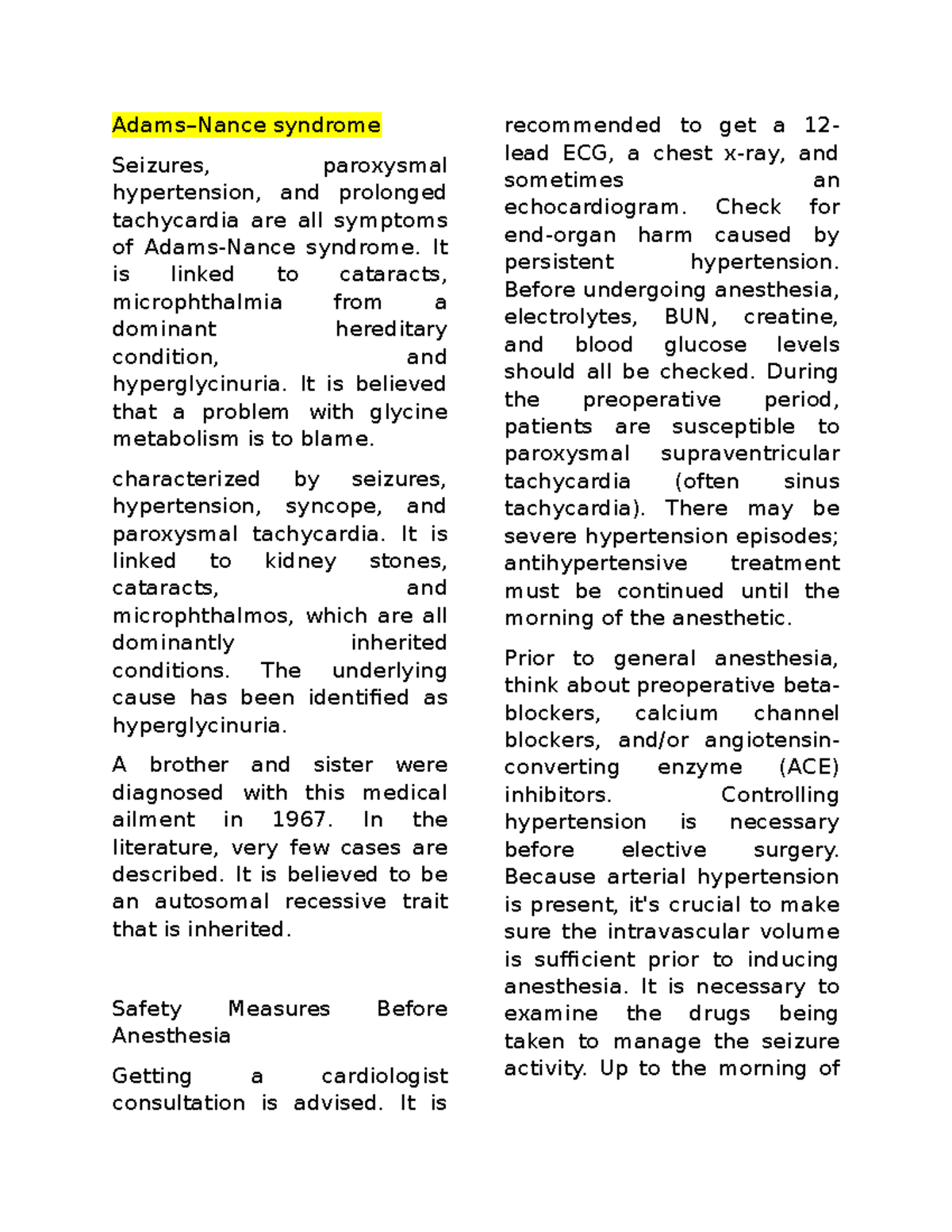 Adams Nance Syndrome - Adams–Nance syndrome Seizures, paroxysmal ...