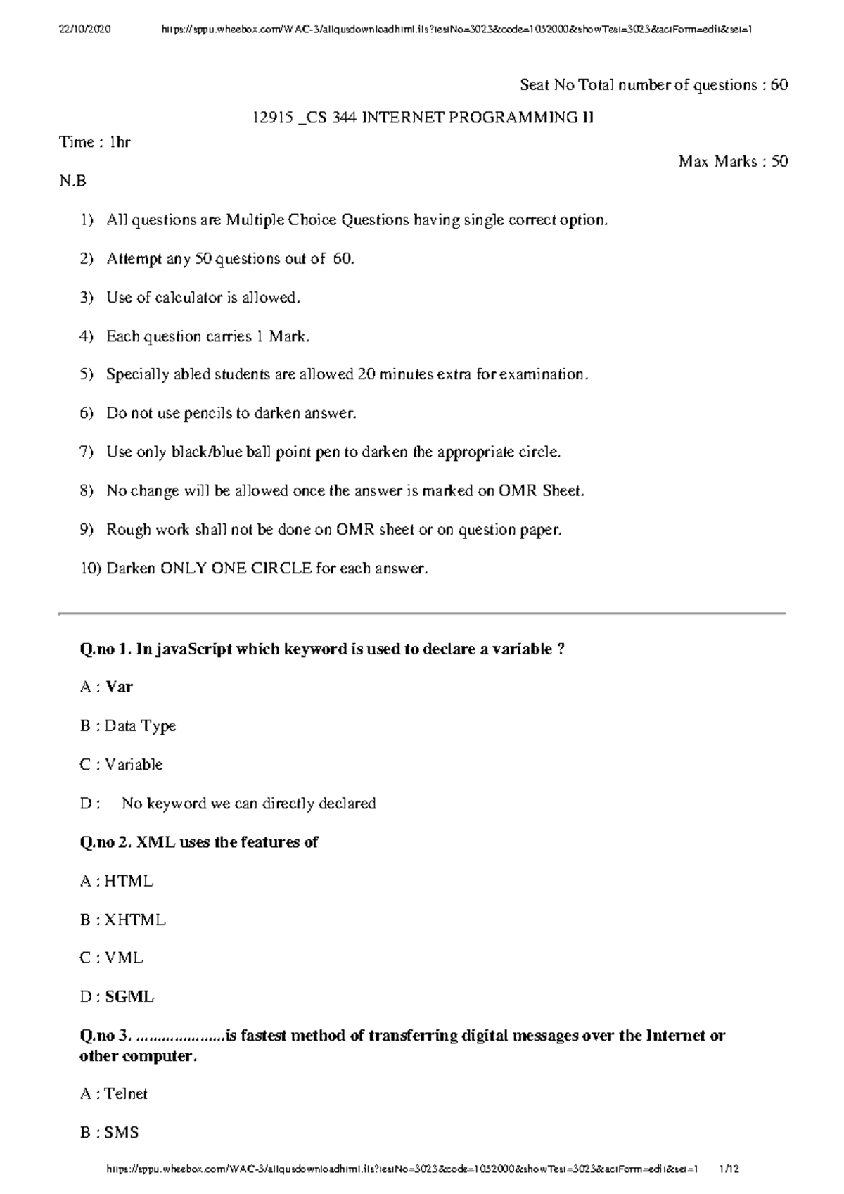 12915 CS 344 Internet Programming II - Seat No Total number of questions : 60 12915 _CS 344 ...