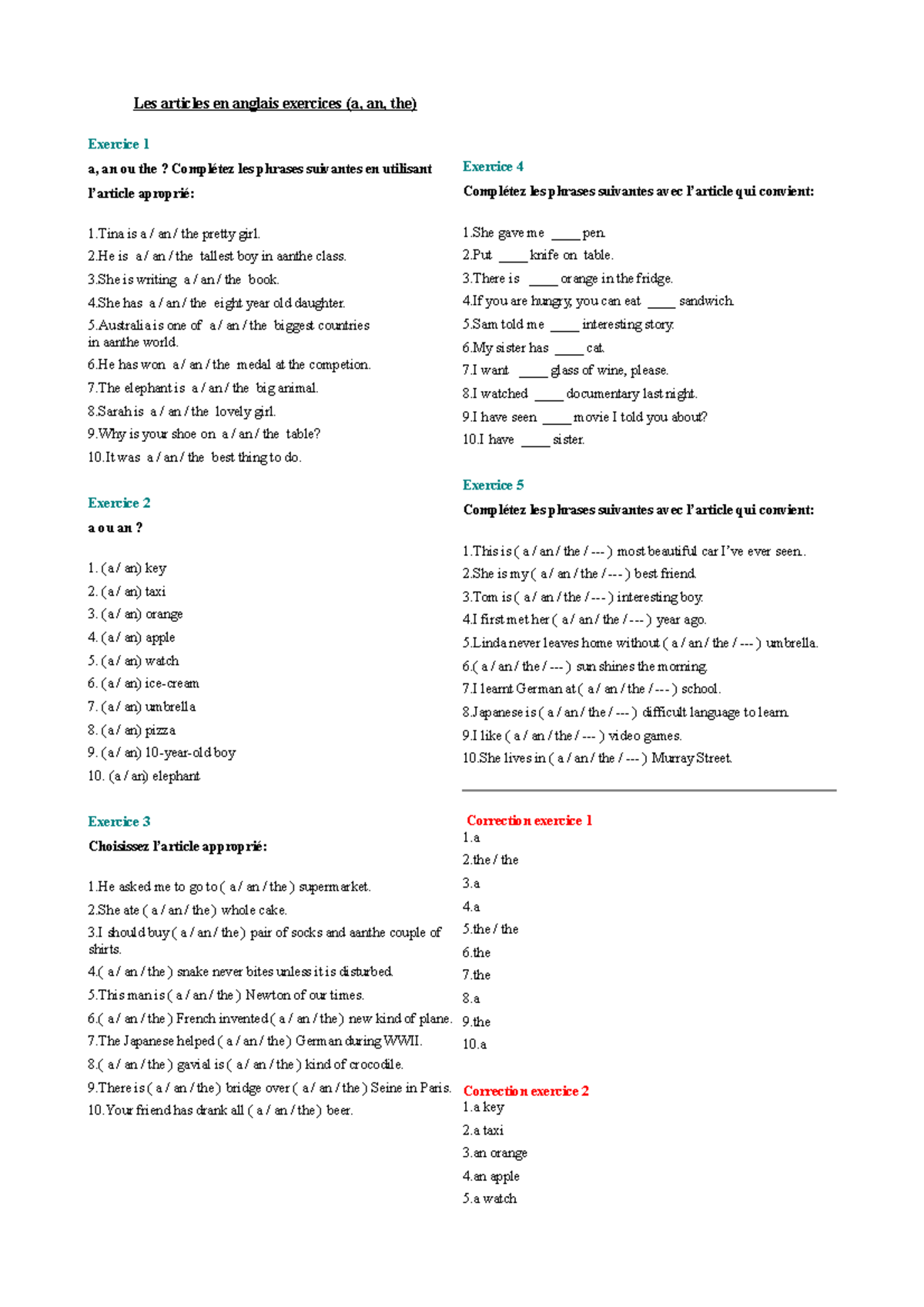 Articles anglais exercice 1 - Les articles en anglais exercices (a, an ...