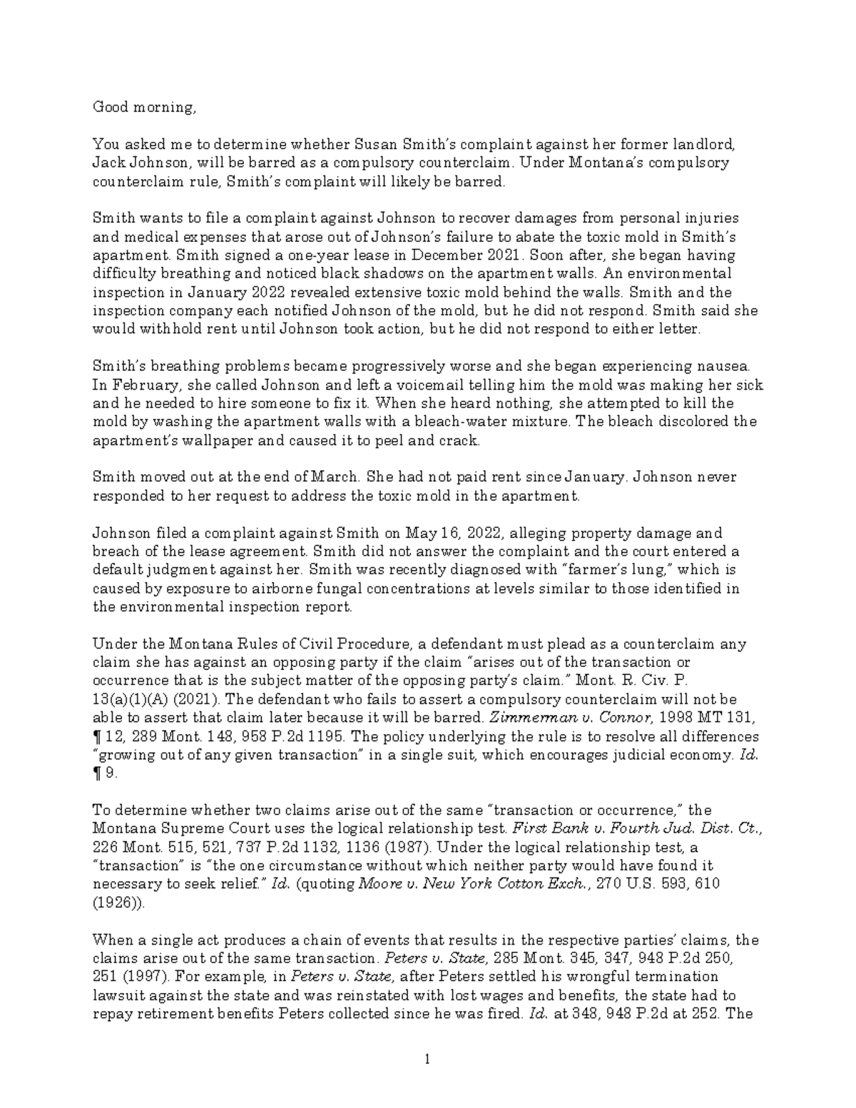 E-Memo Example - compulsory counterclaim - 1 Good morning, You asked me ...