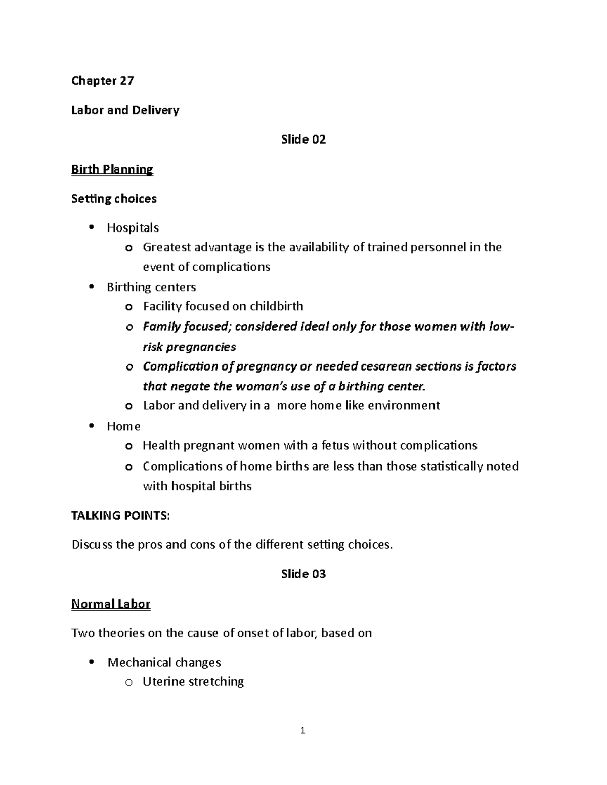 Lecture Notes Ch 27 Labor and Delivery - Chapter 27 Labor and Delivery ...