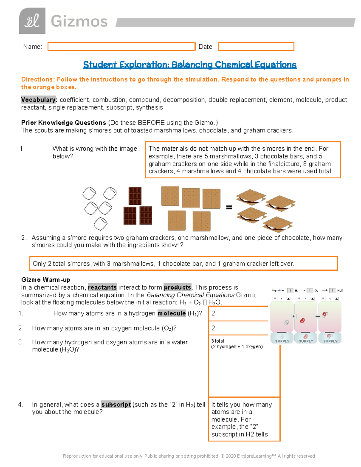 Gizmo - Balancing Chem Equations - Name: Date: Student Exploration ...