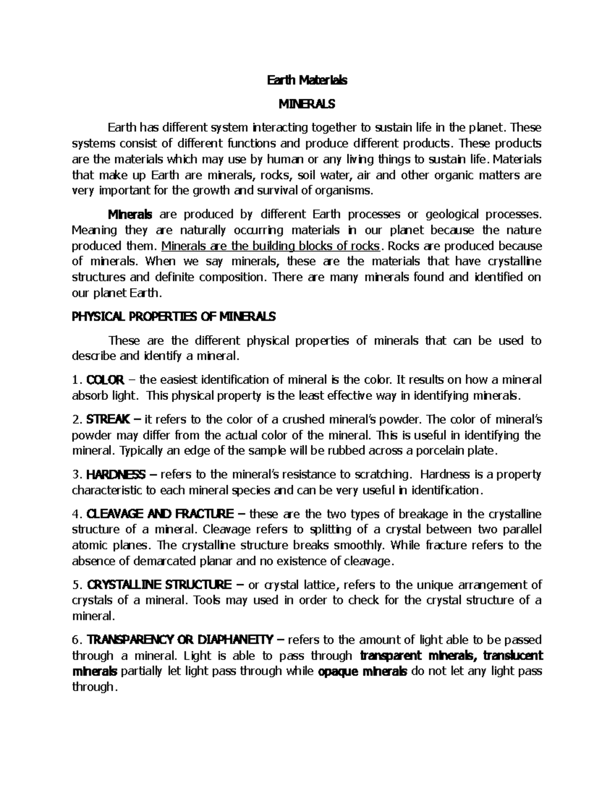 THE EARTH'S MATERIALS: ROCKS AND MINERALS - G11 EARTH AND LIFE SCIENCE ...