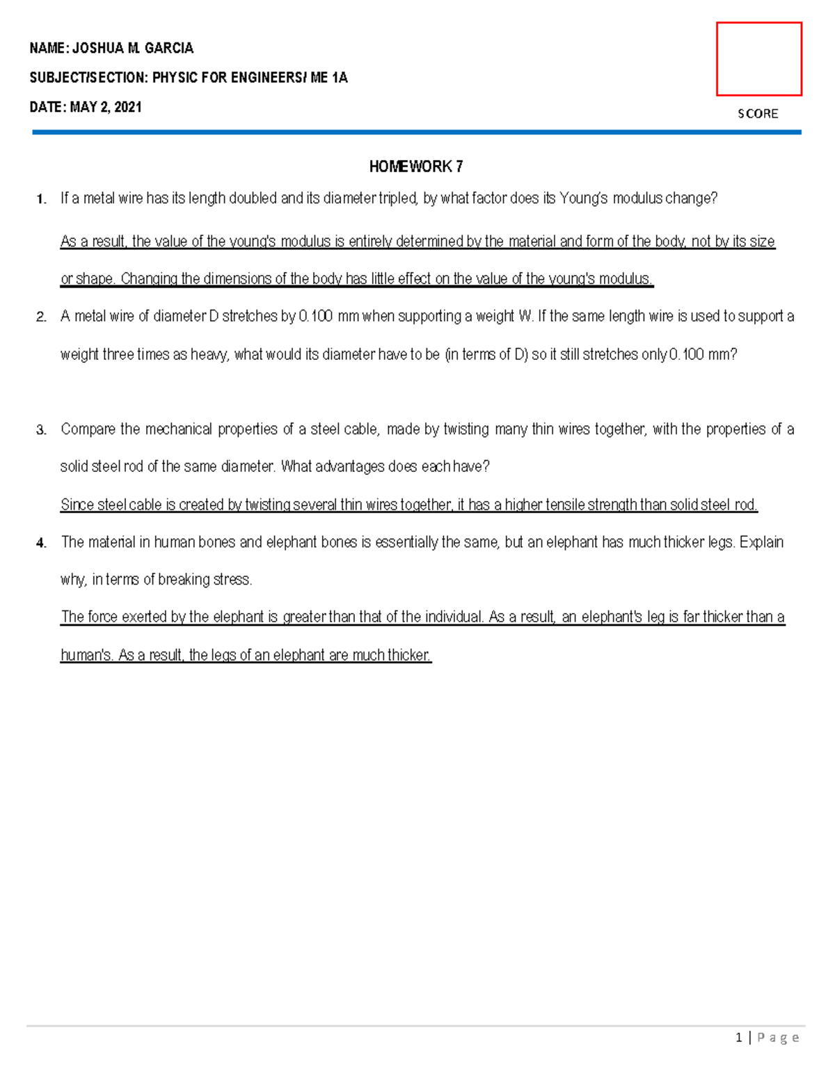 PHY1 ME1A Homework 7 Garcia Joshua - Physics For Engineers - PangSU ...