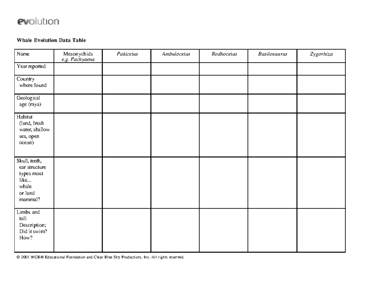 Whale data table - A worksheet - NameWhale Evolution Data Table ...