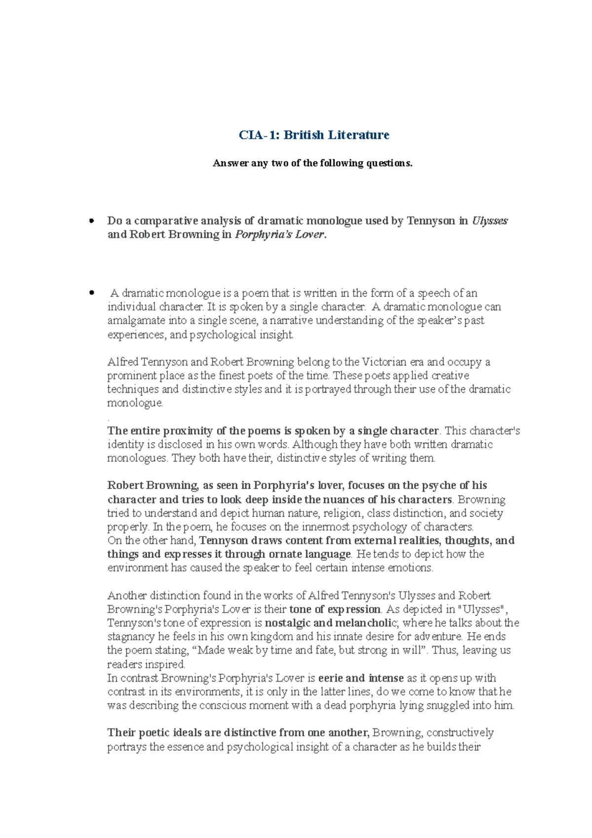 First Continuous Internal Assessment. Two questions needed to be ...