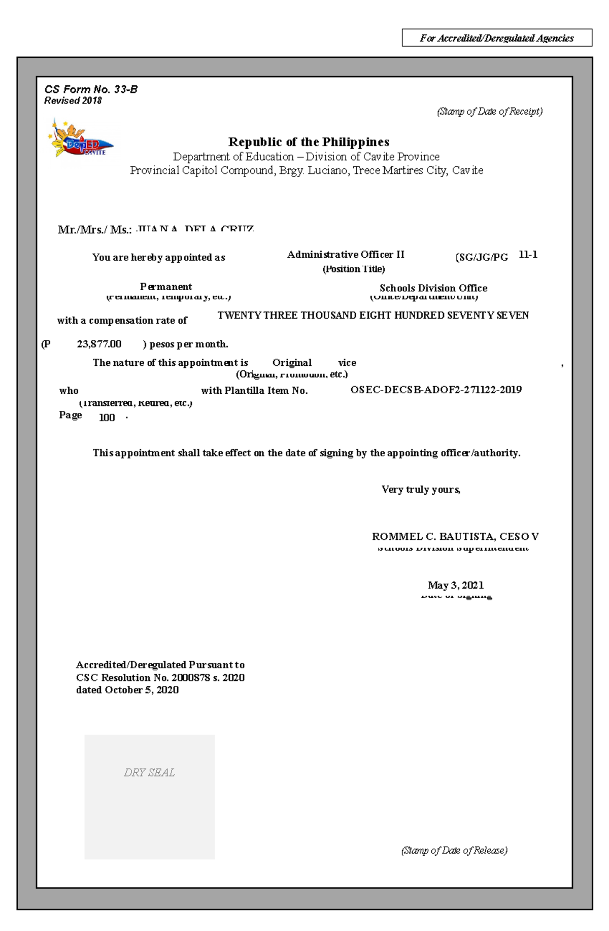 CS Form No Asd CS Form No 33 B Revised 2018 Stamp Of Date Of