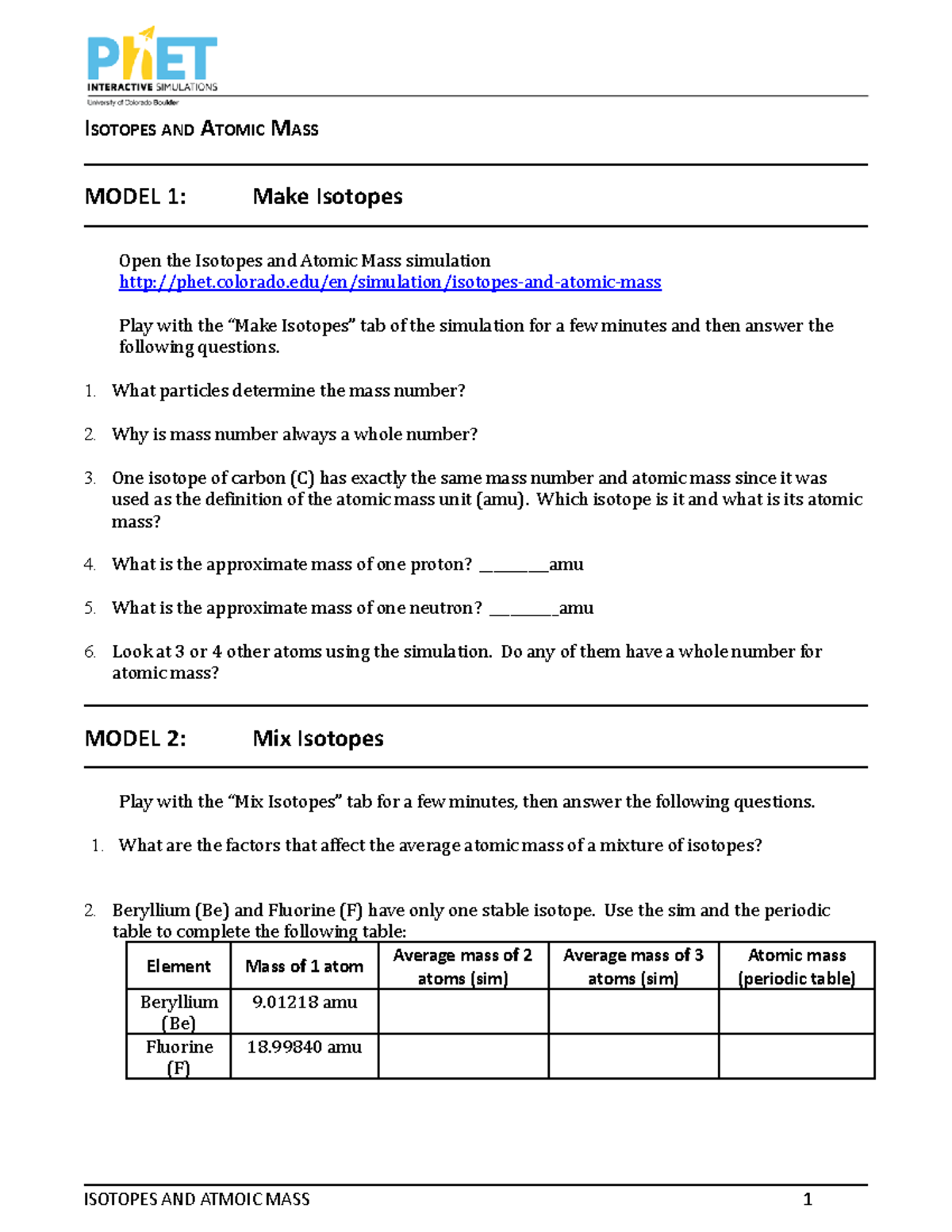 Short Phet Isotopes - ISOTOPES AND ATOMIC MASS MODEL 1: Make Isotopes ...