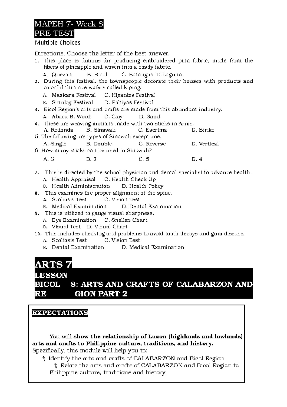 Mapeh 7 Q1 W8 Mod8 - Lecture notes 1- Music of Luzon - MAPEH 7- Week 8 ...