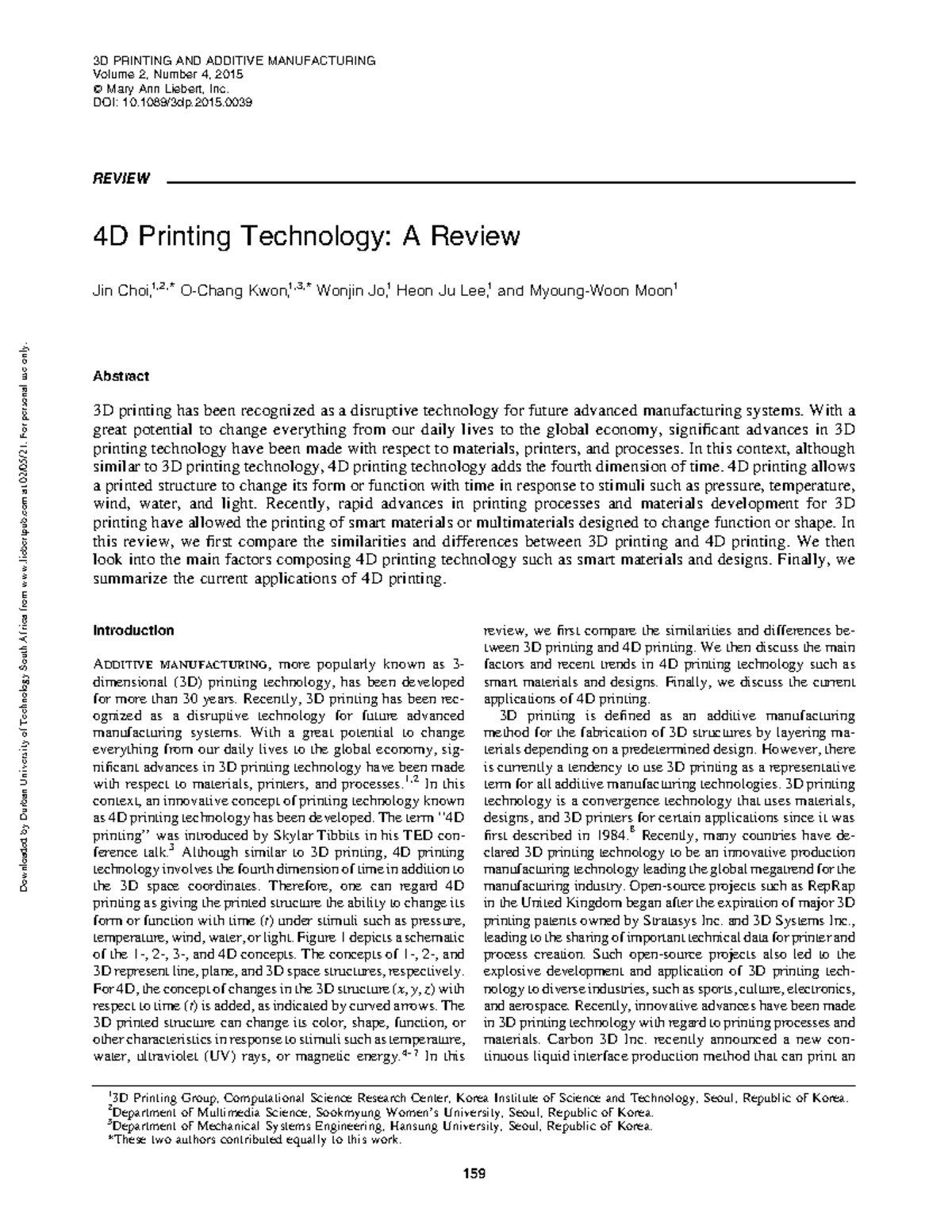 4d Printing article - REVIEW 4D Printing Technology: A Review Jin Choi ...