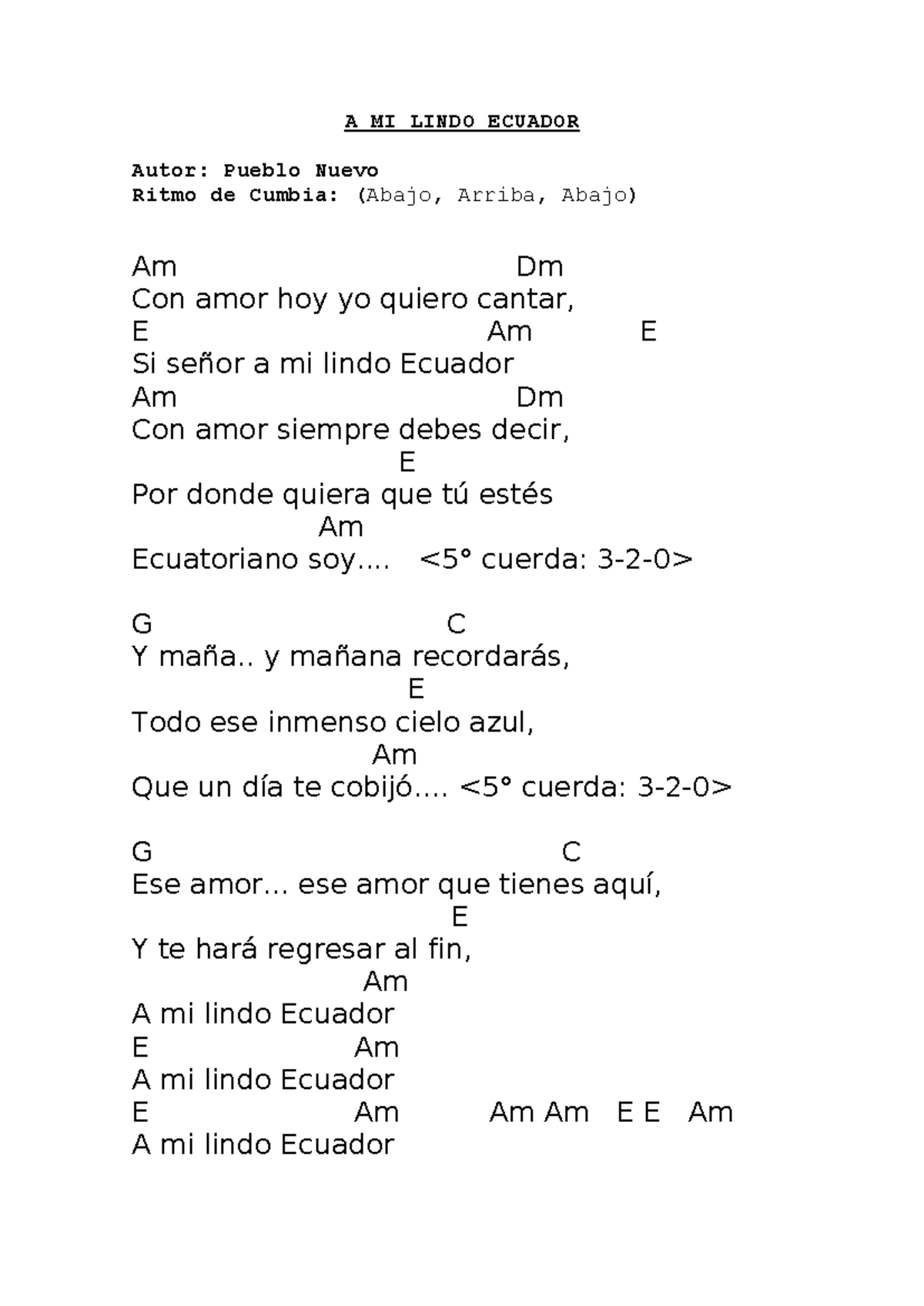 Cancionero A mi lindo Ecuador - A MI LINDO ECUADOR Autor: Pueblo Nuevo ...