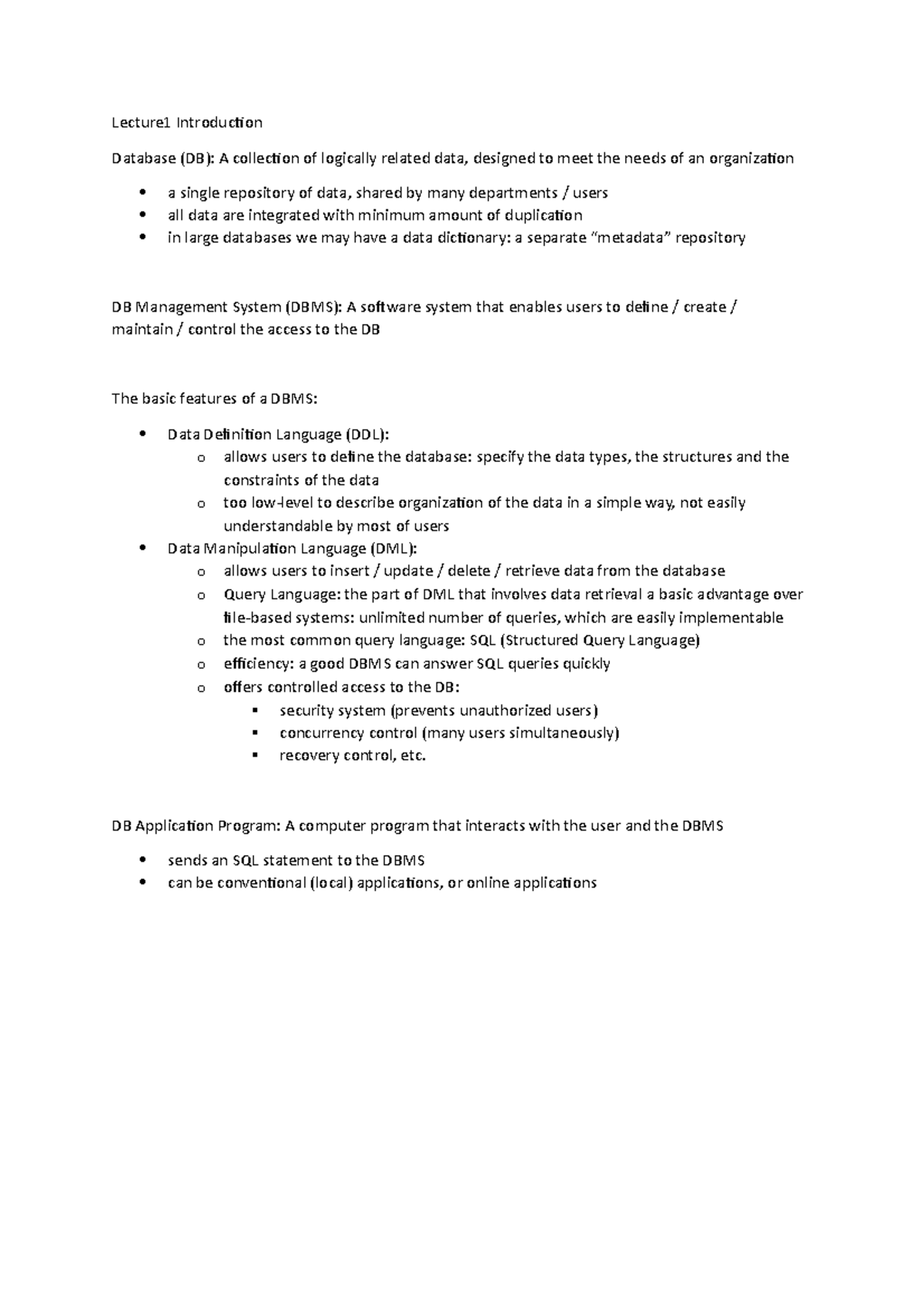 Database note - Lecture notes 1-5 - Lecture1 Introduction Database (DB ...