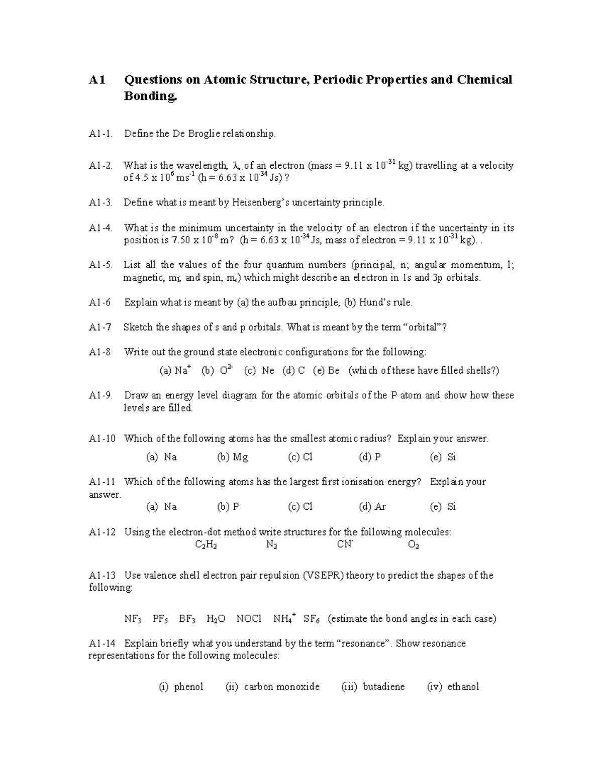 Tutorial 2- Atoms, Molecules and the Periodic Table - A1 Questions on ...