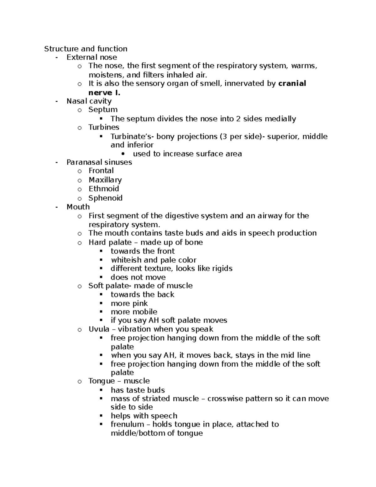 Notes - Nose Mouth and Throat - Structure and function - External nose ...
