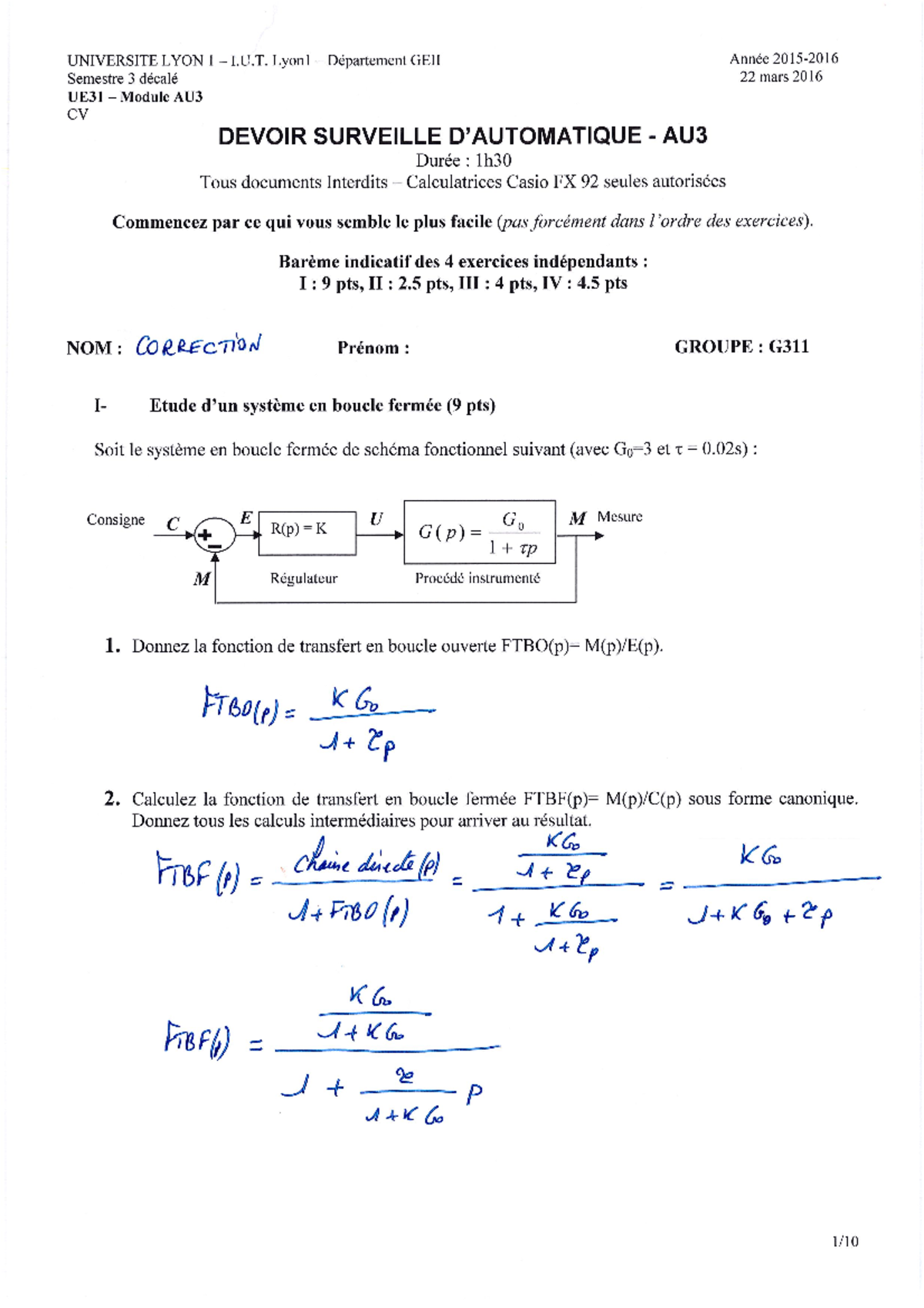 DS 1 AUTOMATIQUE 2016 CORRIGé - Automatique - Studocu