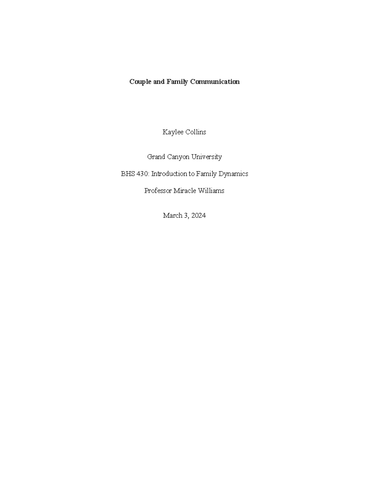 BHS-430 Couple and Family Communication - Couple and Family Communication Kaylee Collins Grand ...