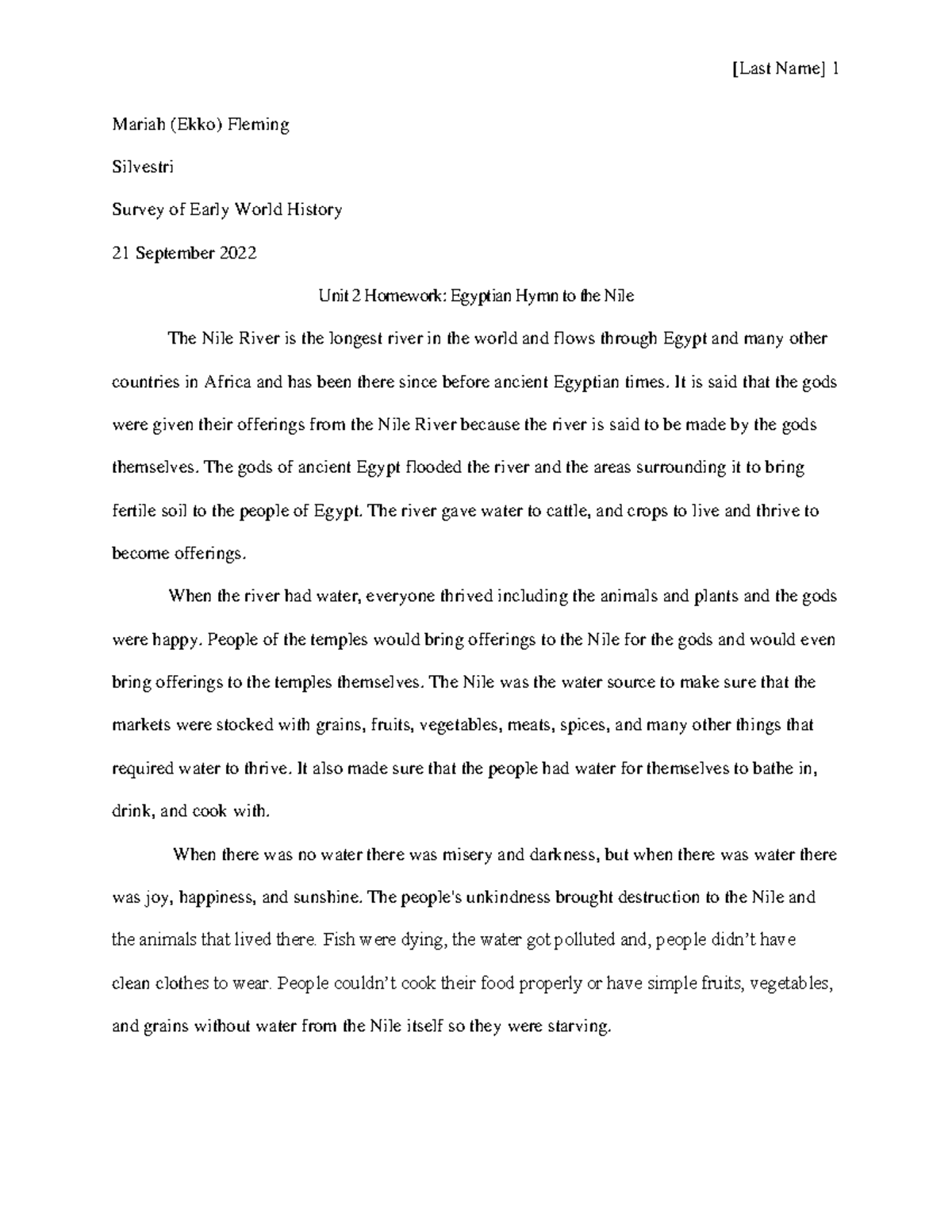 Unit 2 Homework Egyptian Hymn to the Nile - [Last Name] 1 Mariah (Ekko ...