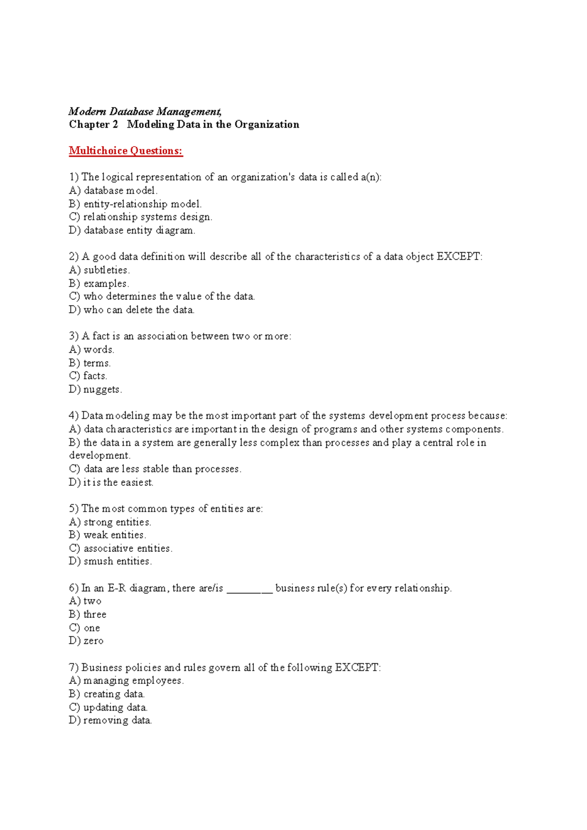 Assignment-2 - 112 - Modern Database Management, Chapter 2 Modeling Data in the Organization ...