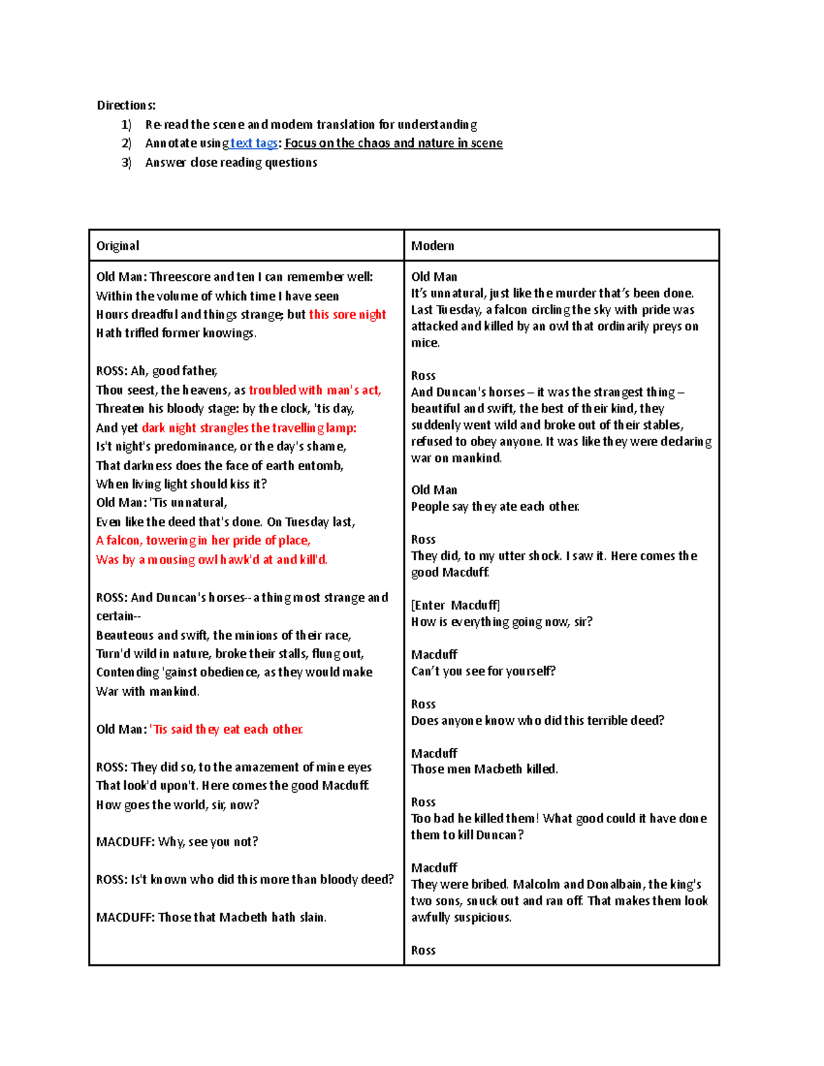 Macbeth 2.4 Activities - Directions: 1) Re-read the scene and modern ...
