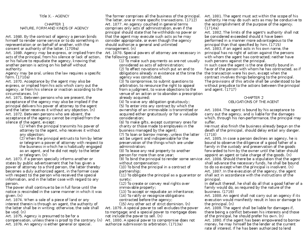 Agency & Partnership law codal - Title X. - AGENCY CHAPTER 1 NATURE, FORM AND KINDS OF AGENCY ...