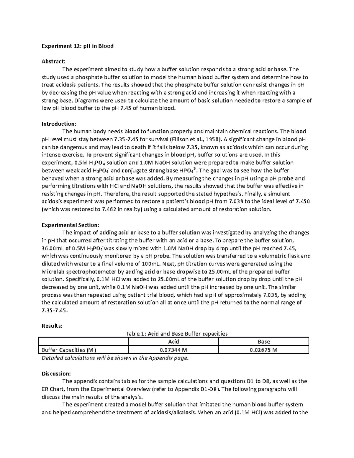 Experiment 12 copy - Lab report - Experiment 12: pH in Blood Abstract: The experiment aimed to ...