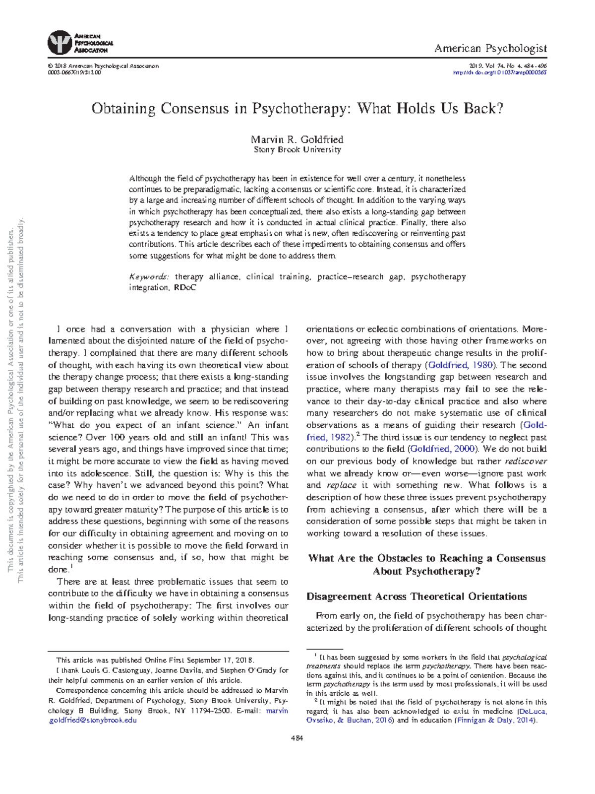 2019 Goldfried Obtaining Consensus in Psychotherapy - Obtaining ...
