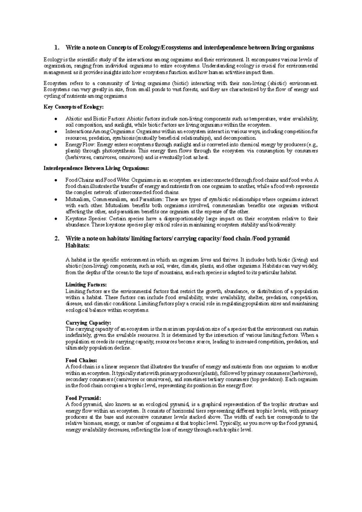 EVM QB-1 - 1. Write a note on Concepts of Ecology/Ecosystems and ...