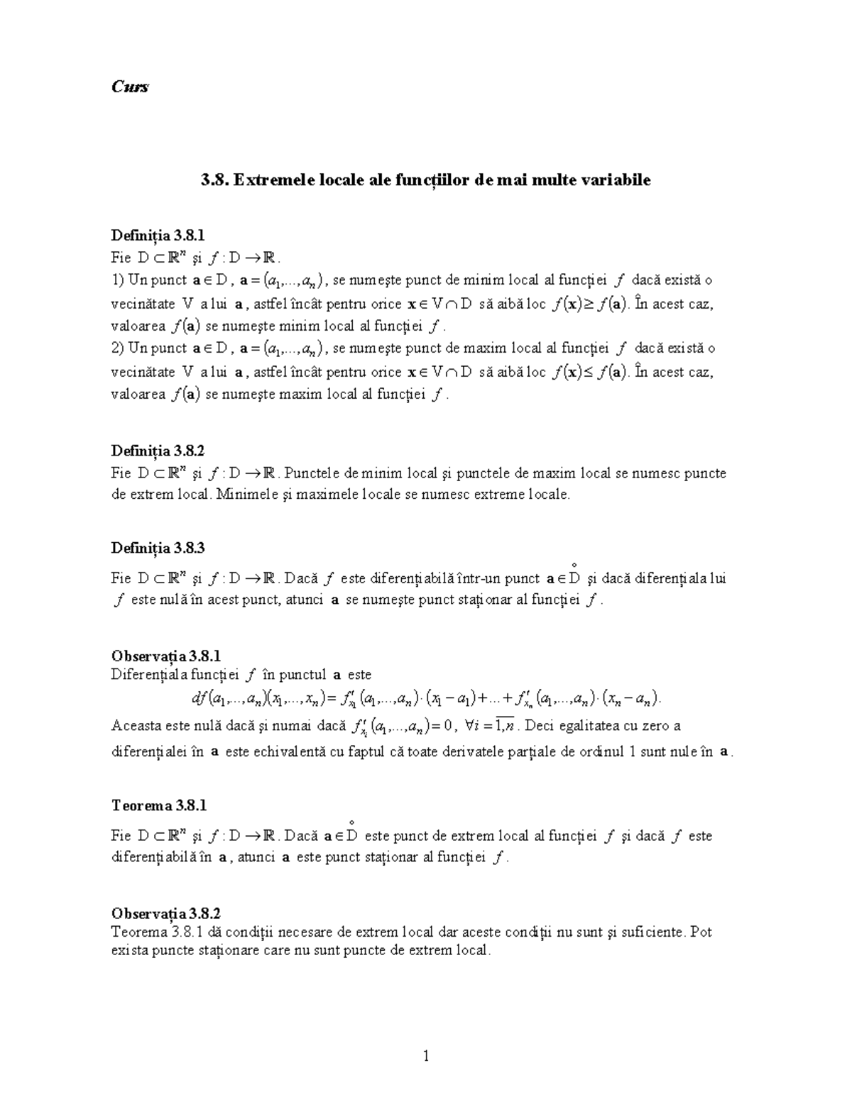 Curs de matematica - 3 - Notite - Curs 3. Extremele locale ale funcŃiilor de mai multe variabile ...